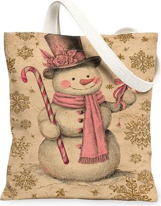 Generic Sac fourre-tout en toile motif bonhomme de neige, sac de courses r&eacute;utilisable, l&eacute;ger et lavable avec bandouli&egrave;re, beige, 13x15 Inch