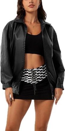 Generic Vestes en Similicuir Oversize pour Femme Veste de Moto en Cuir PU avec col &agrave; Revers et Fermeture &eacute;clair