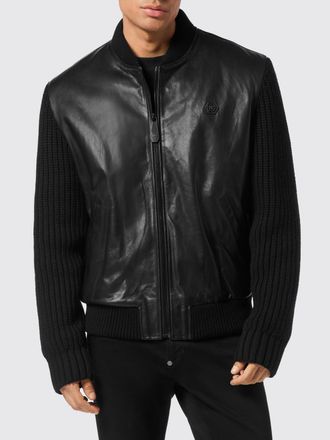 Philipp Plein Bomberjacke aus gerippter Wolle mit Kalbsleder&auml;rmeln und Hexagon-Logo