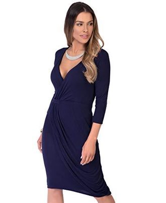 Krisp Robe Portefeuille Femme Moulante Col V Manches Mi-Longues pour Bureau Soirée, Bleu Marine, 36, 6174-NVY-08