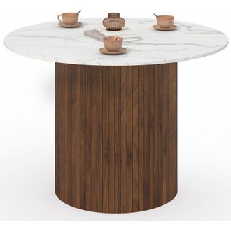 IDMarket Runder Esstisch JULIETTE 6 Personen Zentralfu&szlig; mit Latteneffekt Nussbaum und Tischplatte mit wei&szlig;em Marmoreffekt ALASKA 110 cm