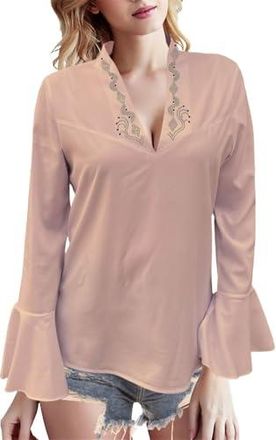 Generic Chemise à manches longues pour femme, coupe classique, vêtements 2025 tendance 2025 col en V, couleur unie, chemisier à manches longues pour femme, ch