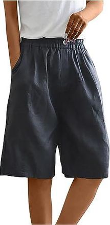 Generic Short en lin pour femme - Taille &eacute;lastique - Longueur genou - En coton et lin - Avec poches - Bermuda &agrave; jambe large pour l&eacute;t&eacute;, la plage, le sport, le 