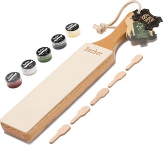 Bacher Premium Leder Streichriemen Abziehleder für Messer set mit 4 x 7g Polierpaste. Paddelgriff aus Hartholz, mit 1/8 starkem, rindengegerbtem Rindleder be