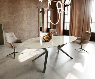 DELIFE Esstisch Edge Oval 220x120 Keramik Iris FMG Onice Oro Zenthara kantig Metall Effektfinish Titan, Esstische