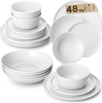 Malacasa Geschirrset 12 Personen, 48-teilig Porzellan Tafelservice Geschirr set Weiß, Geschirr set aus 12x Dinnerteller, 12x Dessertteller, 12x Müslischalen, 1