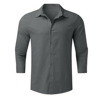 Generic Chemises boutonn&eacute;es en lin pour homme - Coupe ajust&eacute;e - Chemise blanche pour homme - Coupe ajust&eacute;e - T-shirt d&eacute;t&eacute; en coton - T-shirt &agrave; manches longues