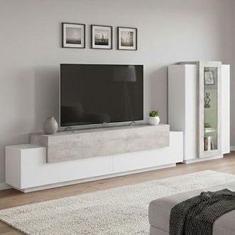 Dmora Ausgestattete Wand Mirko, TV-St&auml;nder-Wohnzimmerset, Mehrzweck-Wohnzimmerm&ouml;bel, 100 % Made in Italy, 280 x 45 x 121 cm, gl&auml;nzendes Wei&szlig; und Beton