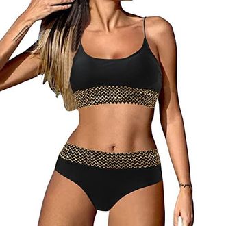 Generic Maillot de bain 2 pi&egrave;ces pour femme - Col en V - Taille haute - Contr&ocirc;le du ventre - Bas de bikini pour femme, Noir, XL