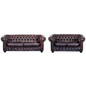 Vente-Unique Vente-unique - Canap&eacute;s chesterfield 3 places et 2 places brenton 100% cuir de buffle - Bordeaux