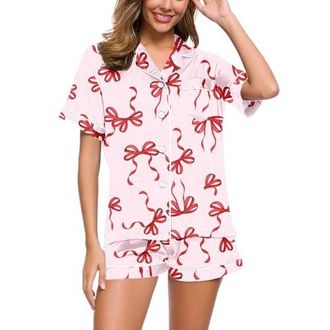 Generic 2026 Saint-Valentin Femmes Mode Imprim&eacute; Home Wear Set Loose Confortable Casual Manches Courtes Blouse Shorts Deux Pi&egrave;ces, rose, XL