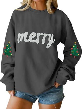 Generic Sweat-shirt imprimé sapin de Noël pour femme, pull de Noël fantaisie mignon joyeux Noël 2025 col rond surdimensionné à manches longues pour les vacanc