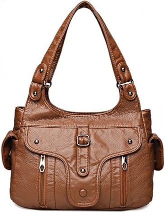 Generic Sac à bandoulière punk clouté avec plusieurs poches et poignée sur le dessus, grande capacité, couleur unie pour le travail, les voyages, marron, 12.6