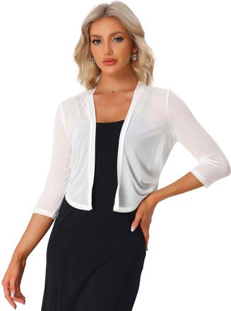 Allegra K Damen Bolero Festlich Achselzucken, 3/4-&Auml;rmel, Vorne Offener, Durchsichtiger Netzstoff Cardigan Wei&szlig; XS