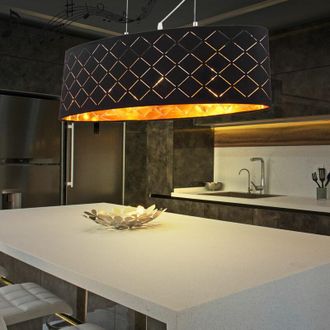ETC Shop Deckenleuchte hängend schwarz gold Esszimmerlampe Hängelampe Esstisch, 3 Flammig orientalisch, Metall Textil, 3x led 7W 806Lm 2700K, LxBxH 65x25x140