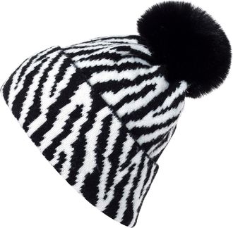 styleBREAKER Damen Bommelm&uuml;tze Strick mit Zebra Muster | warme Strickm&uuml;tze mit Kunstfell Pompon | elastische Winter Beanie Pudelm&uuml;tze Viskose, Farbe:Schwarz-Wei&szlig;