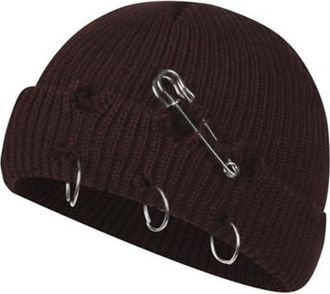Generic Beanie Bonnet tricot&eacute; pour femme avec anneaux en m&eacute;tal et &eacute;pingle de s&eacute;curit&eacute; Style urbain Unisexe Design moderne pour lhiver et lautomne, Caf&eacute; (01), 