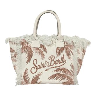 Saint Barth Femme, Sacs, Beige, Taille: ONE Size Borsa Vanity Grande &agrave; Main en Coton avec Imprim&eacute; Palmiers et Strass