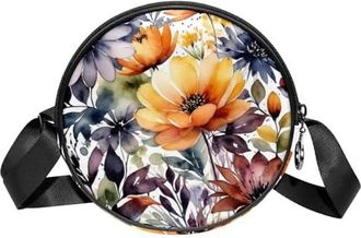 Generic Petit sac &agrave; bandouli&egrave;re circulaire pour femme, motif feuilles florales, sac &agrave; dos avec fermeture &eacute;clair, bretelles r&eacute;glables, sac &agrave; main rond d&eacute;contra