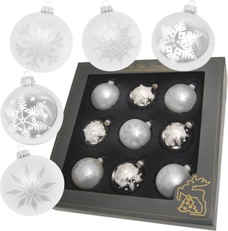 Krebs Glas Lauscha Weihnachtsdekoration/Christbaumschmuck aus Glas - Weihnachtskugeln Glanz/Seidenmatt - Farbe: Silber - 9 Stück - Größe: ca. 8 cm
