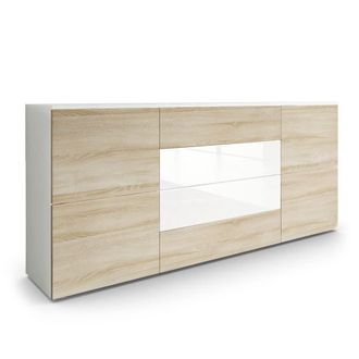 Vladon Sideboard Rova, Made in Germany, Kommode mit 4 T&uuml;ren und 4 Schubladen, Wei&szlig; matt/Eiche s&auml;gerau/Wei&szlig; Hochglanz (166 x 72 x 35 cm)