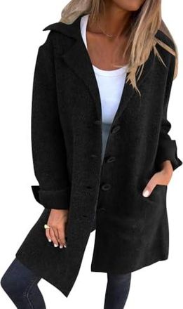 TOMWELL Manteau Femme Col Rabattu Manches Longues Cardigan Blouson Revers Veste Chaud Jacket Couleur Unie Trench Coat Manteau Outwear Automne Hiver A Noir XXL