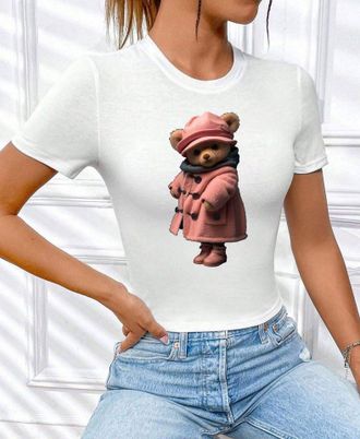 rmk Kurzarmshirt Damen T-Shirt kurzarm Top Sommer Rundhals süßer Teddybär Bär Brille aus Baumwolle