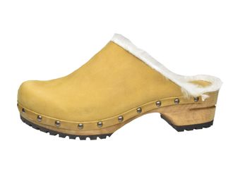Sanita Hese offener Clog | Original handgemacht | Leder-Holzclogs für Damen | Nachhaltige Materialen | Senf gelb | 42 EU