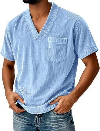 Generic T-shirts en velours c&ocirc;tel&eacute; pour homme avec col en V, manches courtes, pull uni tendance avec poche de poitrine, grande taille, doux, respirant, d&eacute;cont