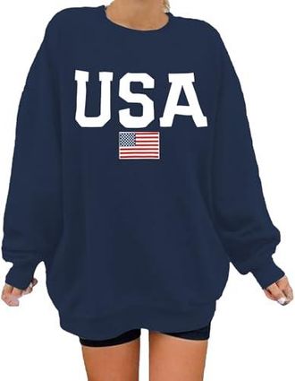 Generic Sweatshirt surdimensionn&eacute; USA &agrave; manches longues pour femme - Pull thermique &agrave; manches longues pour homme par temps froid, bleu marine, XXL
