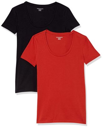 Amazon Essentials Damen Kurzärmeliges T-Shirt mit U-Ausschnitt (Erhältlich in Übergröße), Klassischer Schnitt, 2er-Pack, Schwarz/Ziegelrot, Größe M
