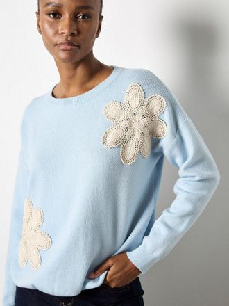Apricot Rundhalspullover Bestickter Pullover mit G&auml;nsebl&uuml;mchen