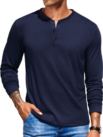 Coofandy Henley Shirt Herren Langarm Longsleeve Tshirt Einfarbig Langarmshirt Henley Pullover Männer mit Knopfleiste Dunkelblau XXL