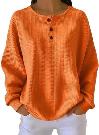 Generic Henley 2025 Pull &agrave; manches longues en tissu gaufr&eacute; pour femme Coupe ample 1/4 bouton/fermeture &eacute;clair, A-orange, 5XL