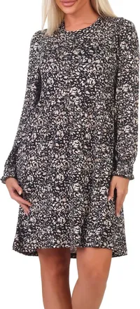 Hailys Damen Langarm Mini-Kleid Jo44sie kurzes Damenkleid mit Alloverprint KY-PO2202014-A Black Div (7076) XS