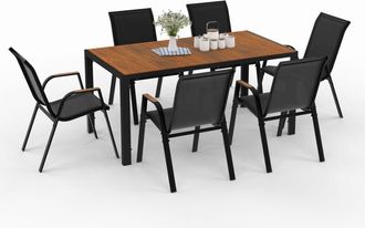 IDMarket Gartenm&ouml;bel NOUMEA Tisch 150 cm Platte aus geh&auml;rtetem Glas in Holzoptik und 6 stapelbare St&uuml;hle schwarz und Holz
