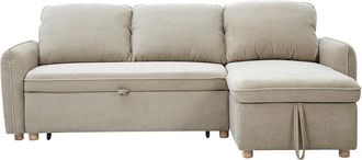 Miliboo Ecksofa, ausziehbar, wendbar, mit Truhe, 3-Sitzer, Chenille-Stoff, Beige und helles Holz, Orso