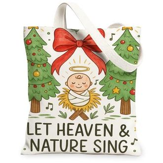 Generic Sacs fourre-tout en toile motif arbre de vacances et ange, sacs d&eacute;picerie r&eacute;utilisables, vintage, l&eacute;gers, lavables, blanc, 13x15 Inch