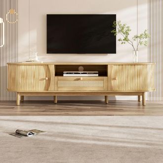 Liberte Meuble TV 165 cm rotin, portes coulissantes et tiroirs, style maison de campagne, MDF,Bois