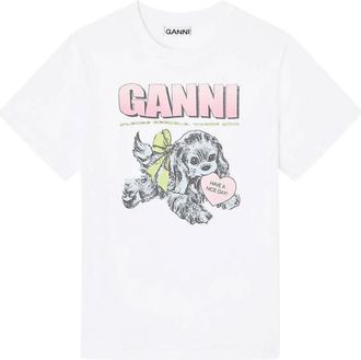 Ganni Femme, Tops, Blanc, Taille: 38 FR T-Shirt Basique en Jersey de Coton avec Motif Chiot N&eacute;on