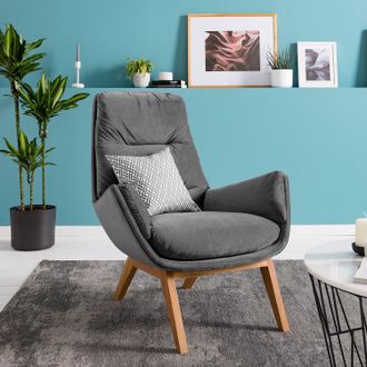 Studio Copenhagen home24 Sessel mit Holzfüßen Grau/Grau Samt Shyla Eiche Dunkel 83 x 95 x 97cm