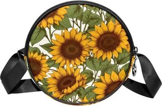 Generic Petit sac &agrave; bandouli&egrave;re rond pour femme, motif tournesol avec fermeture &eacute;clair, bretelles r&eacute;glables, style d&eacute;contract&eacute;, pour femmes et filles