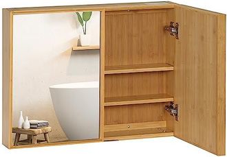 Kleankin Armoire Murale de Salle de Bain Placard de Rangement Toilettes avec miroirs et 2 Portes 3 Niveaux en Bambou 65,2 x 14 x 50 cm