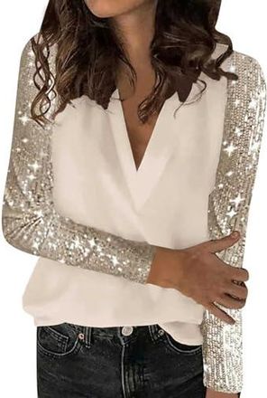 Generic Chemisiers de fête à col en V pour femme - Grande taille - Manches longues à paillettes - Chemisiers formels - Pull et pulls décontractés - Haut de so