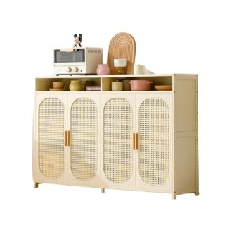 Generic Gro&szlig;z&uuml;giger Aufbewahrungsschrank, Flurschrank aus Holz, Doppelt&uuml;ren in Rattanoptik mit offenen Regalen, geeignet for Wohn- und Esszimmer(Color2,126x32