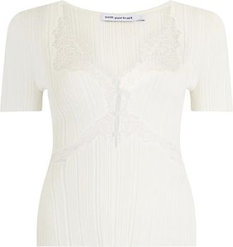 Self Portrait Femme, Tops, Blanc, Taille: 40 FR Top avec large encolure et dentelle