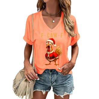 Generic T-shirt F Caw F &agrave; col en V et coq - T-shirt gothique de No&euml;l - Graphique amusant - Tendance - D&eacute;contract&eacute; - Manches courtes - Vacances quotidiennes, O