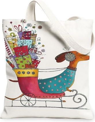 Generic Sac fourre-tout en toile motif chien ludique, sac d&eacute;picerie r&eacute;utilisable, festif dhiver, l&eacute;ger, lavable, blanc, 13x15 Inch