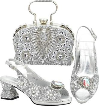 Generic Ensemble de chaussures et sac à main en strass pour femme Style nigérian avec sac à main en cristal pour robes de mariage, Argenté., 43.5 EU
