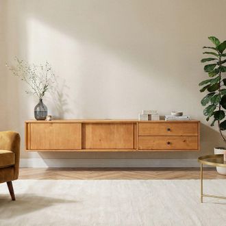 IDIMEX Lowboard Simona 175 cm h&auml;ngend aus Massivholz, Eiche Finish - TV Schrank mit 2 Schiebet&uuml;ren und Schubladen, Wohnzimmerm&ouml;bel im Mid Century Style, idea